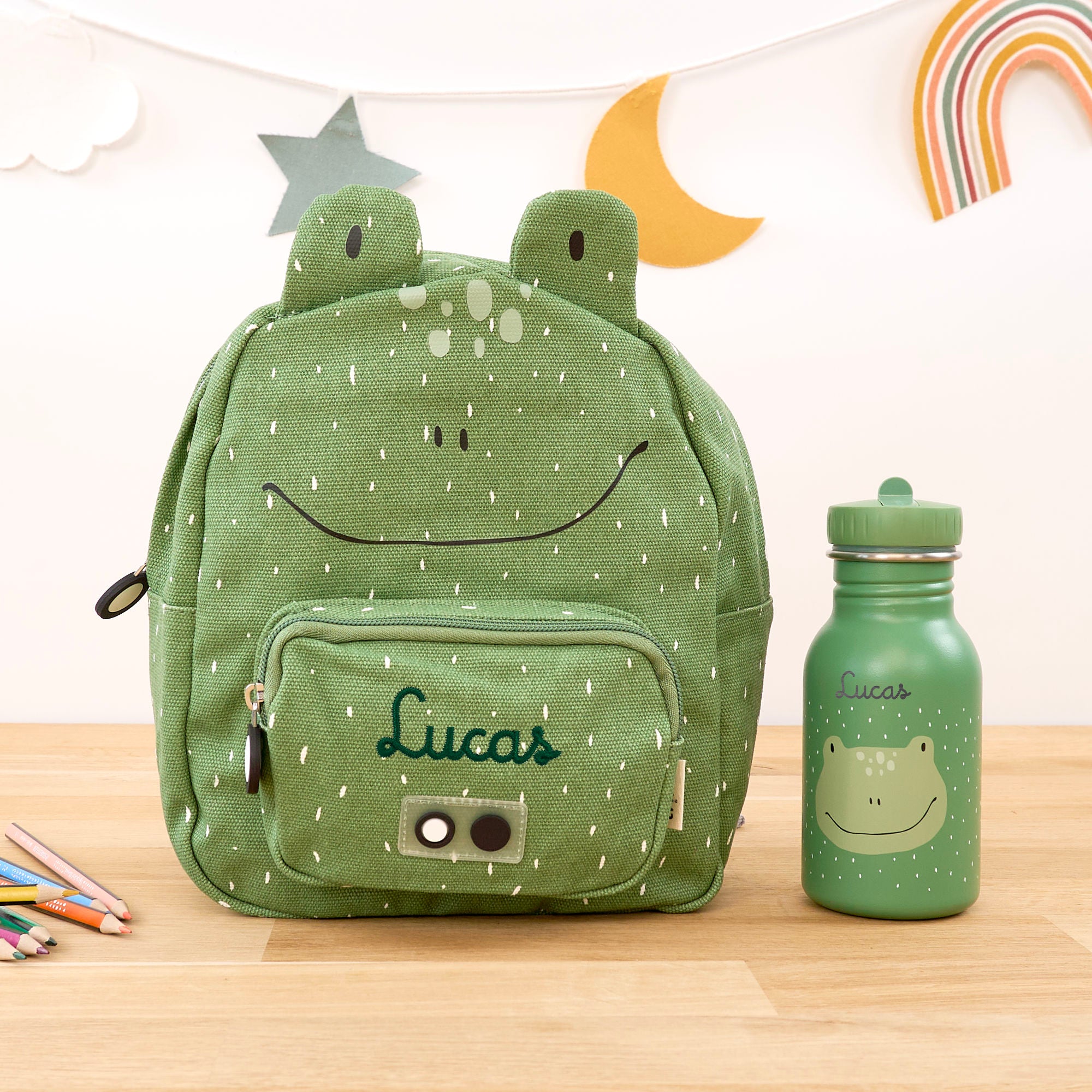 Mini children's backpack set with name - frog